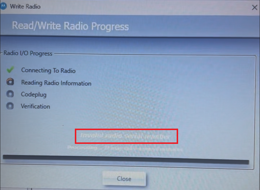 Unable to write to an APX radio error "Invalid Radio Serial Number ...