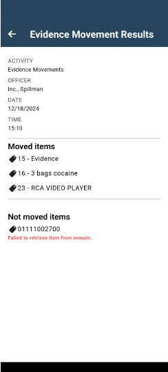 Flex Scanner App: Move Evidence Screen