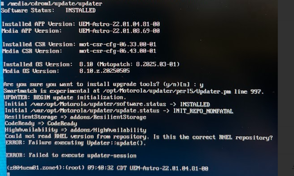 RHEL "Could not read RHEL version from repository" during Application version update