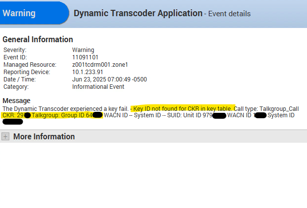 The Dynamic Transcoder experienced a key fail. - Key ID not found for ...
