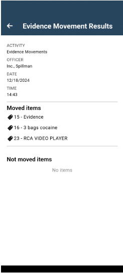 Flex Scanner App: Move Evidence Screen