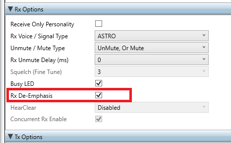Where in the APX Mobile codeplug is the RX Filtered Audio (Pin 21) De-emphasized? How do i set ...
