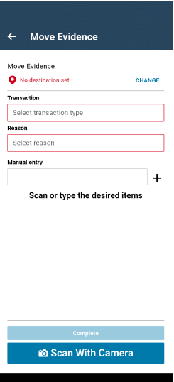 Flex Scanner App: Move Evidence Screen