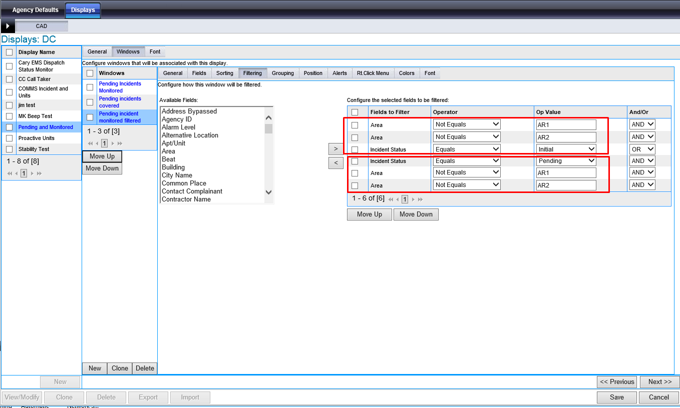 P1 CAD: Status monitor filtering logic information