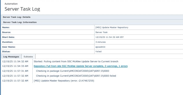 Trellix ePolicy Orchestrator master repository update failure